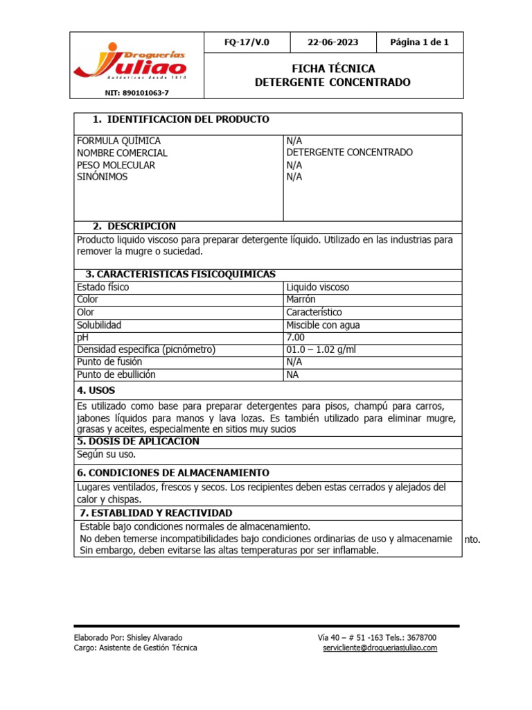 FT - Detergente Concentrado | PDF