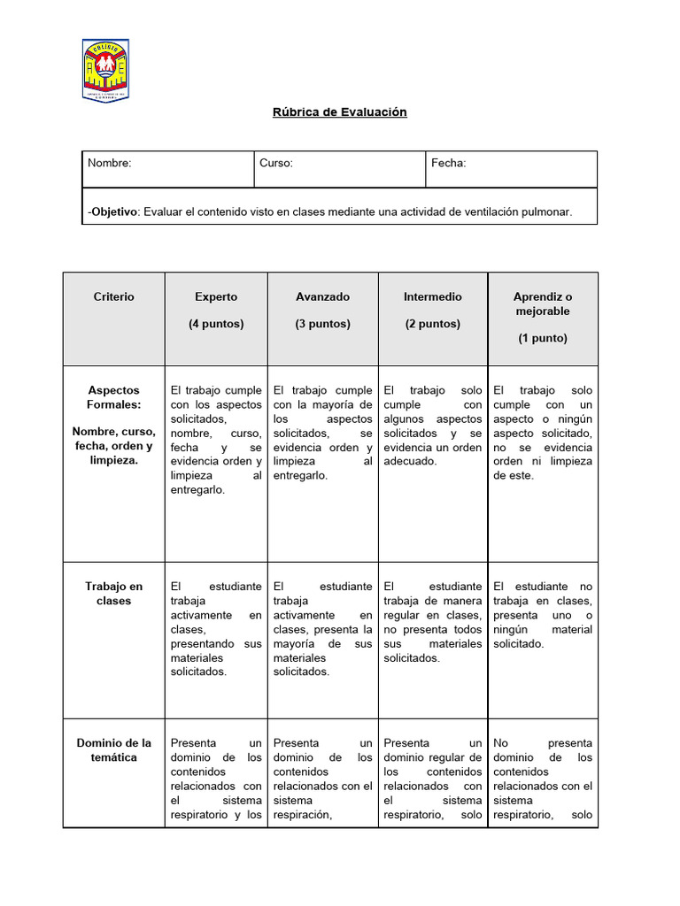 Rúbrica Trabajo Ciencias | PDF | Sistema respiratorio