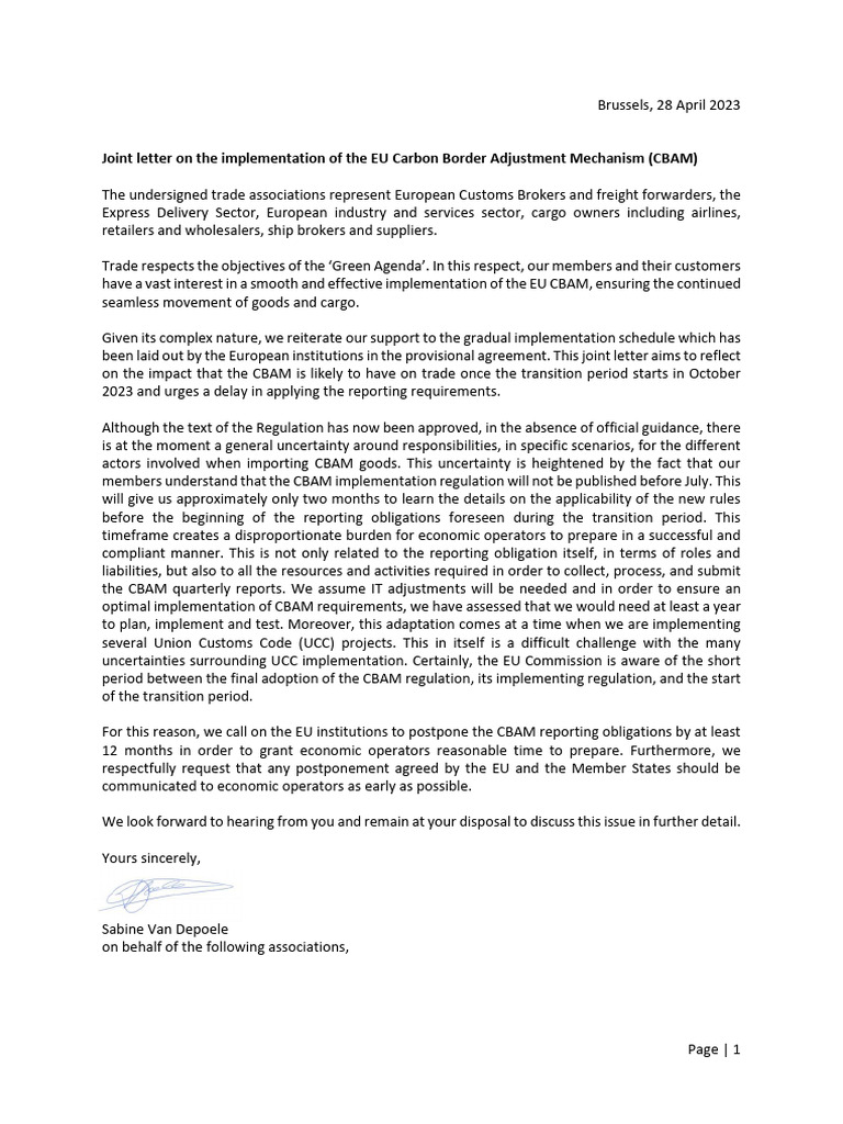 Joint Letter On The Implementation of The EU Carbon Border Adjustment ...