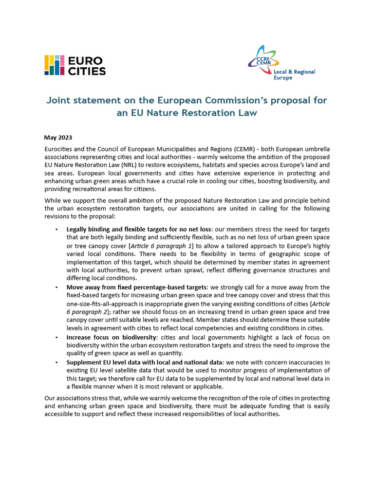 Eurocities Joint Statement With CEMR On Nature Restoration Law | PDF