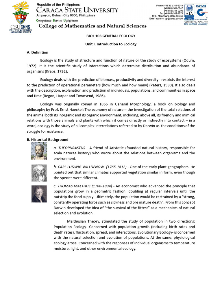 Lecture Notes On Unit I Ecology Pdf Ecology Ecosystem