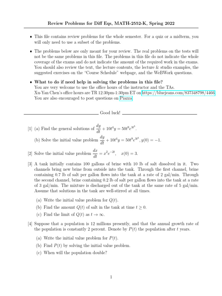 Review Problems For Quizzes, Midterms, and The Final | PDF | System Of Linear Equations ...