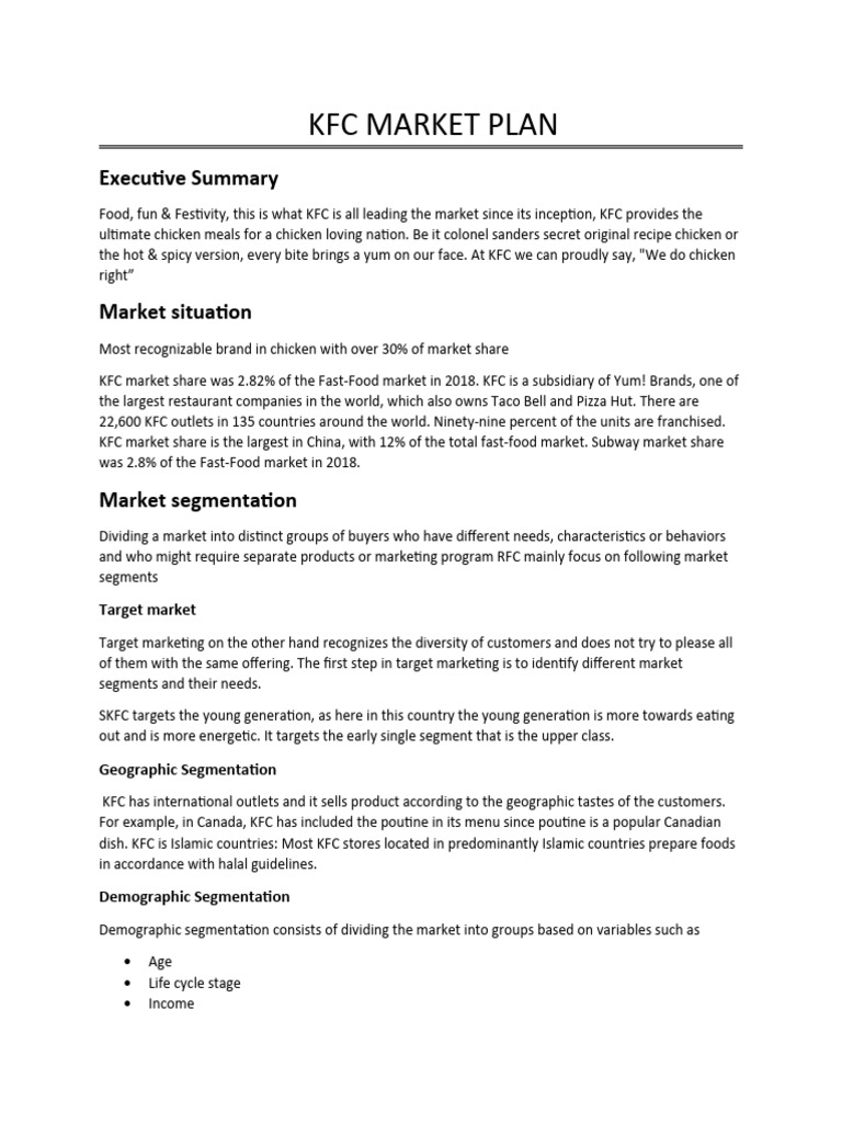 KFC Global Market Strategy Plan | PDF | Fast Food | Brand