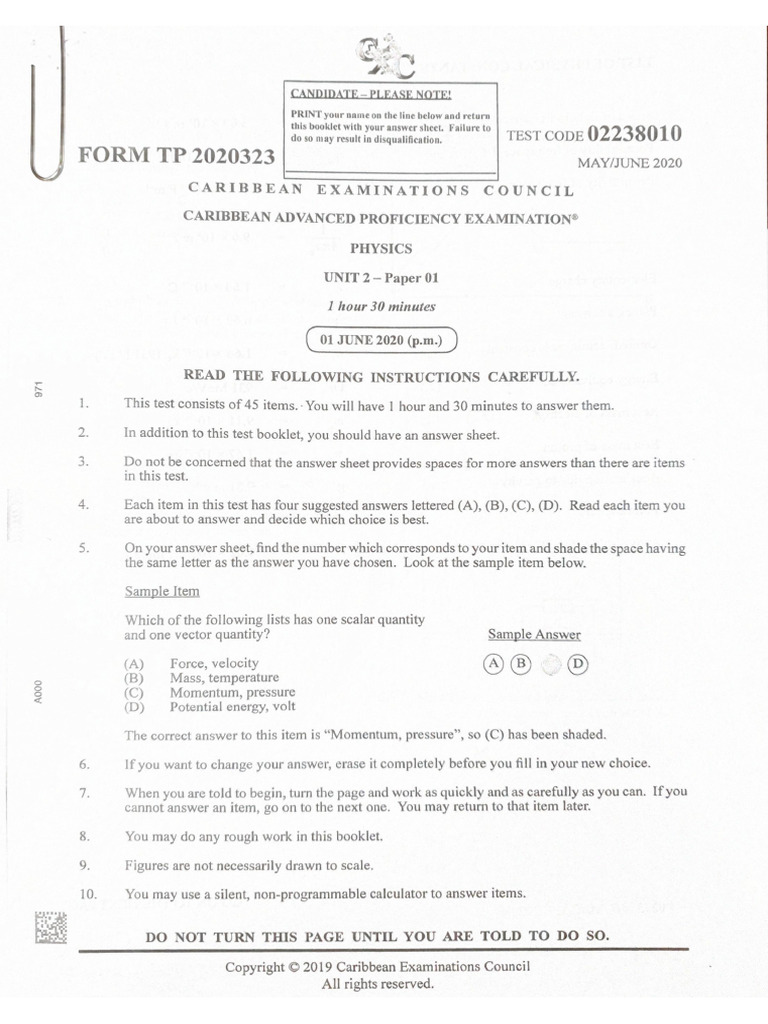 CAPE Physics 2020 U2 P1 | PDF
