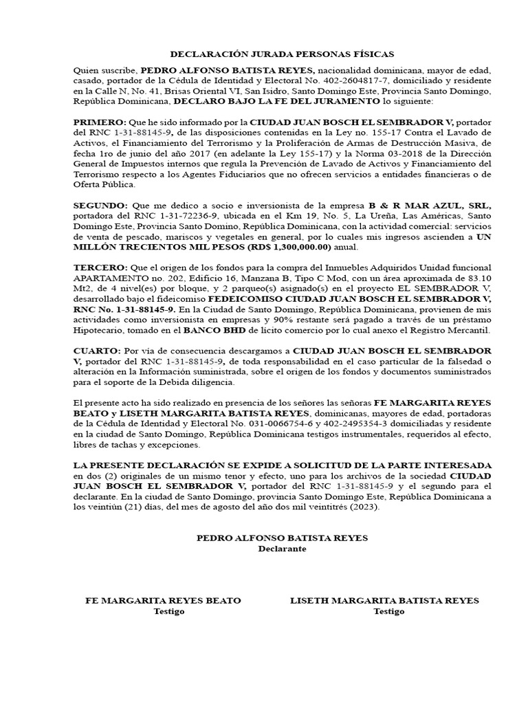 Declaración Jurada Personas Físicas Pdf República Dominicana 1958