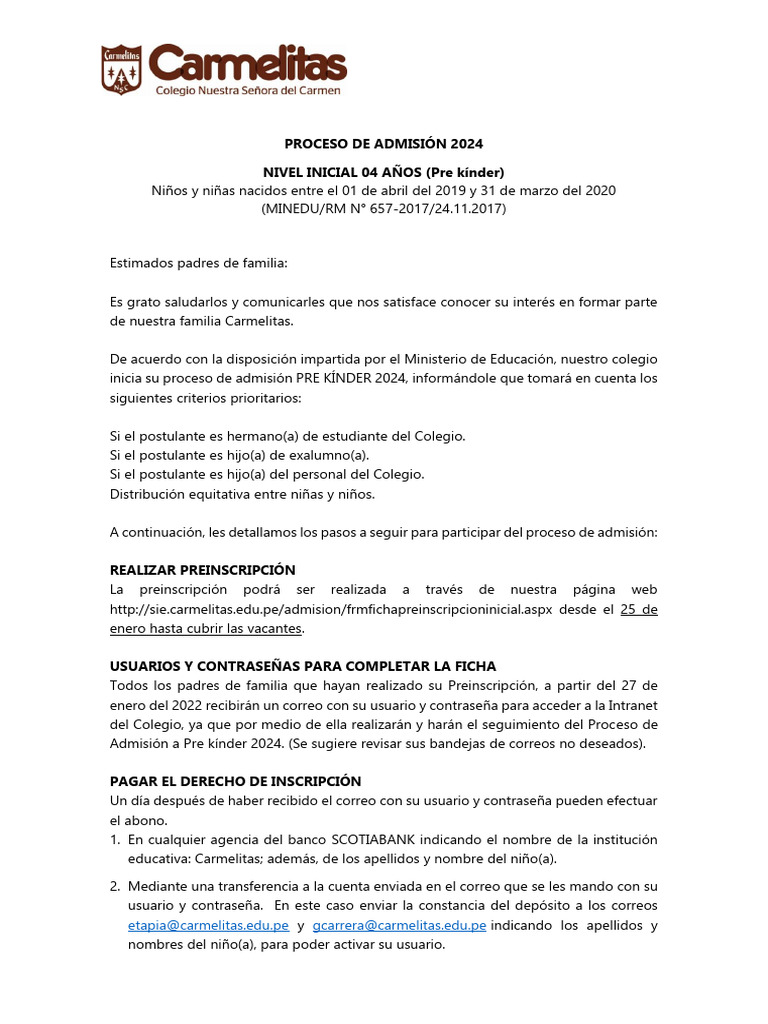Admision Prekinder 2024 V3 | PDF | Educación de la primera infancia