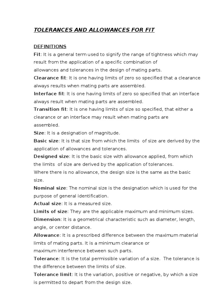 Tolerances and Allowances For Fit | PDF | Engineering Tolerance ...