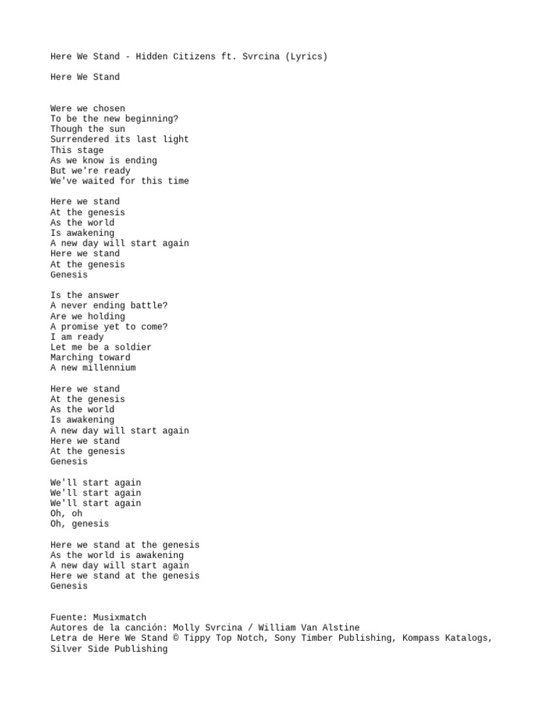 Here We Stand - Hidden Citizens Ft. Svrcina (Lyrics) | PDF | Art