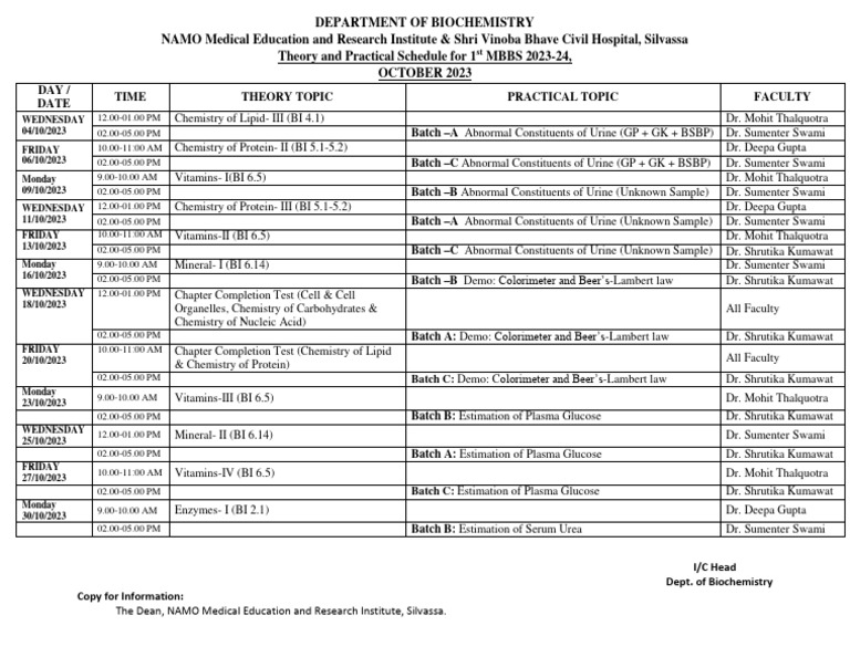 MBBS Teaching Schedule October 2023 Batch 2023-24 | PDF | Biology | Cell Biology