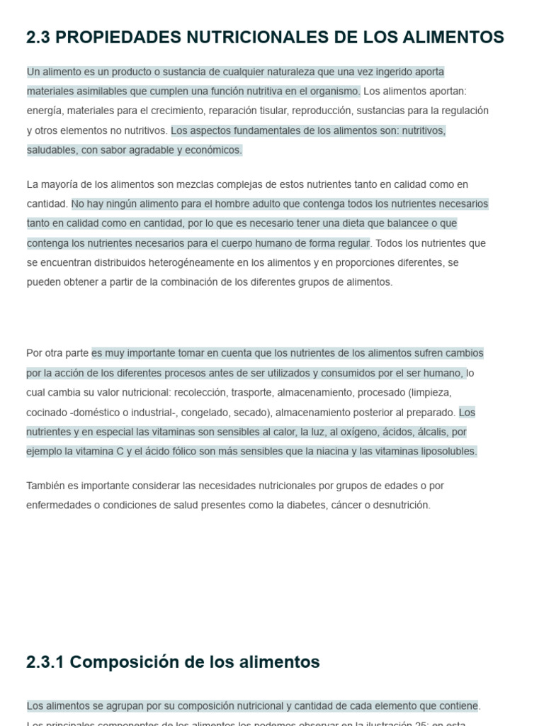 2.3 Propiedades Nutricionales de Los Alimentos | PDF | Alimentos | Nutrición