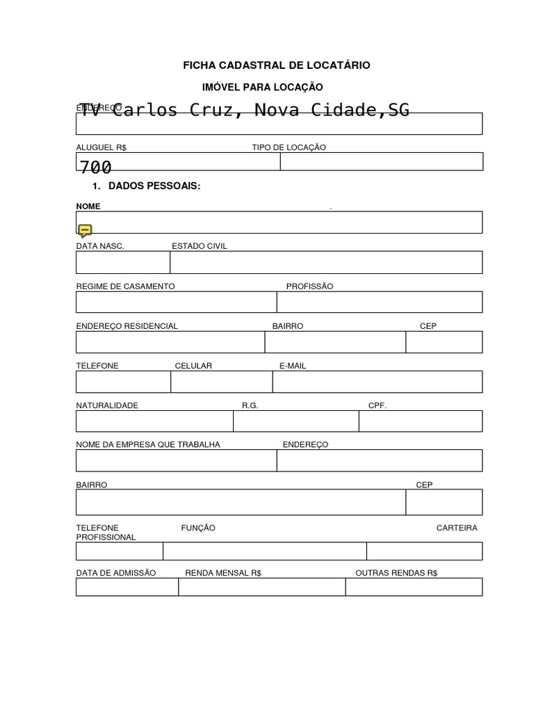 Ficha de Cadastro de Locatário (SIMPLIFICADA) | PDF