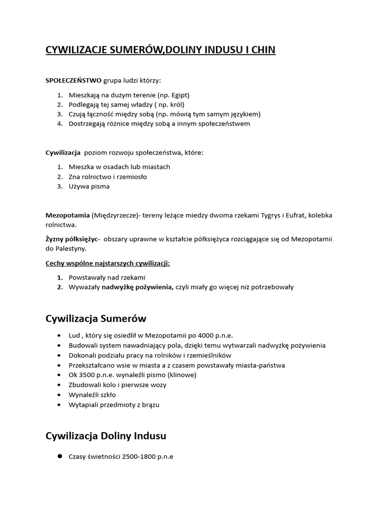 Cywilizacje Sumerów, Doliny Indusu I Chin | PDF