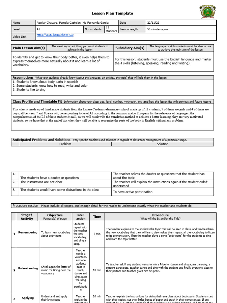 Lesson Body Parts | PDF