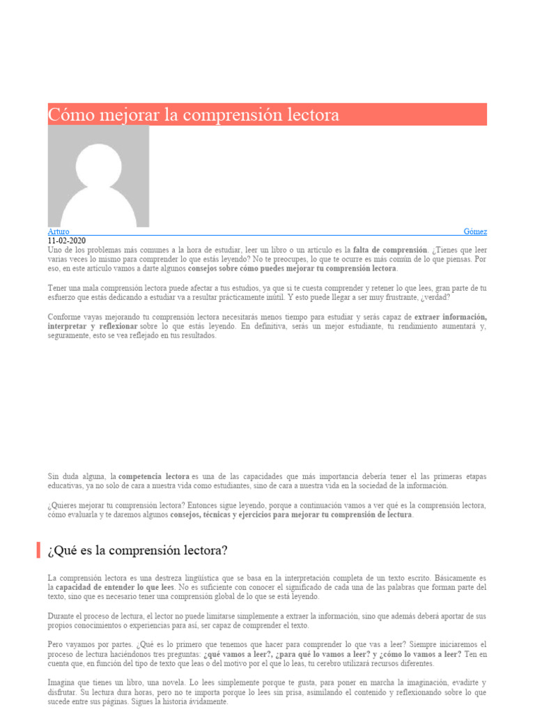 Cómo Mejorar La Comprensión Lectora | PDF | Comprensión lectora ...