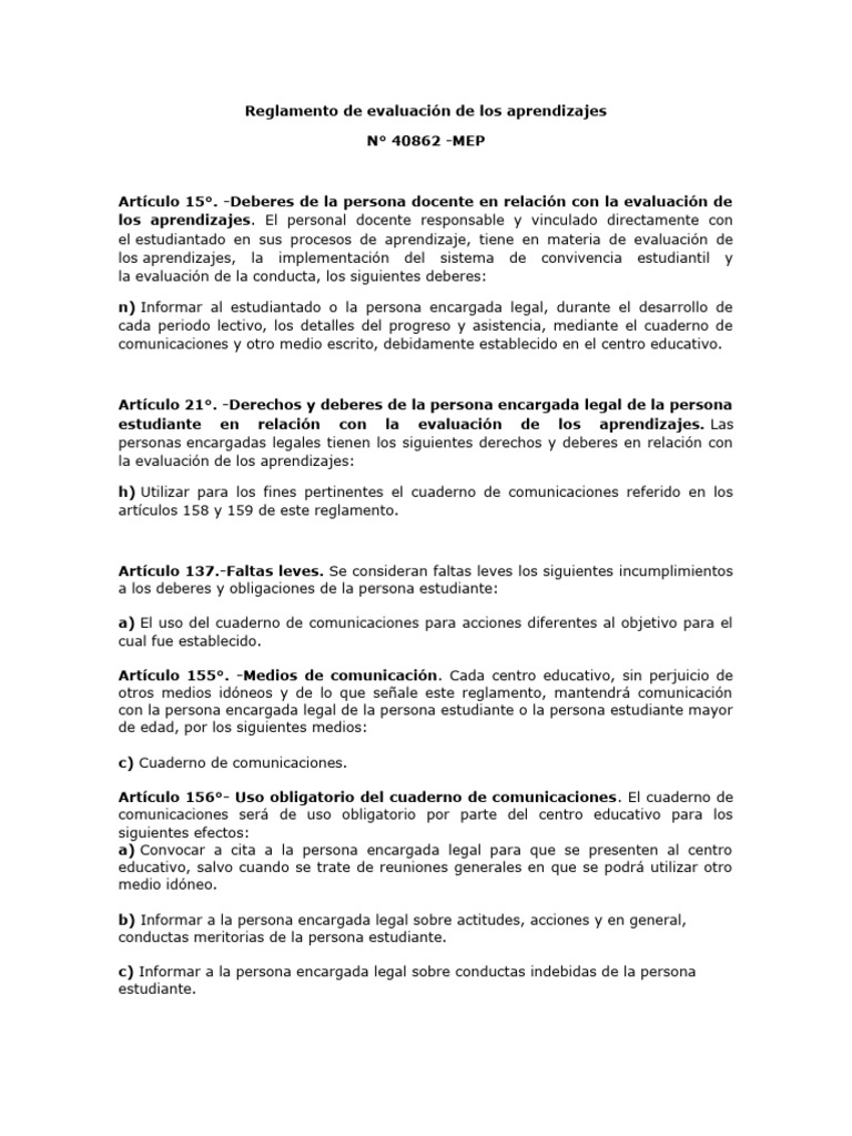 Cuaderno de Comunicaciones. Reglamento de Evaluación de Los Aprendizajes | PDF | Evaluación ...