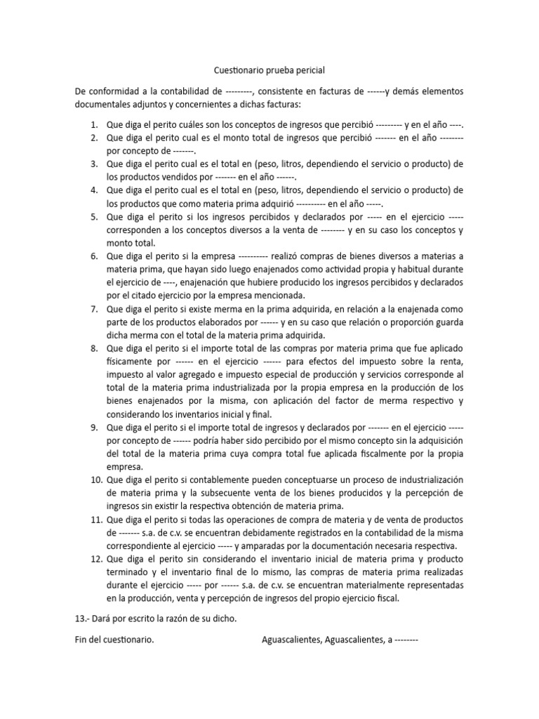 Cuestionario Prueba Pericial | PDF | Contador | Contabilidad