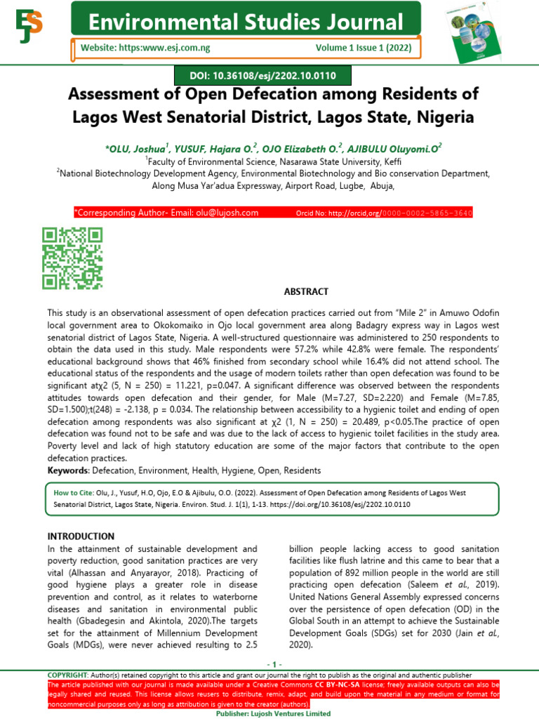 Assessment of Open Defecation Among Residents of Lagos West Senatorial ...