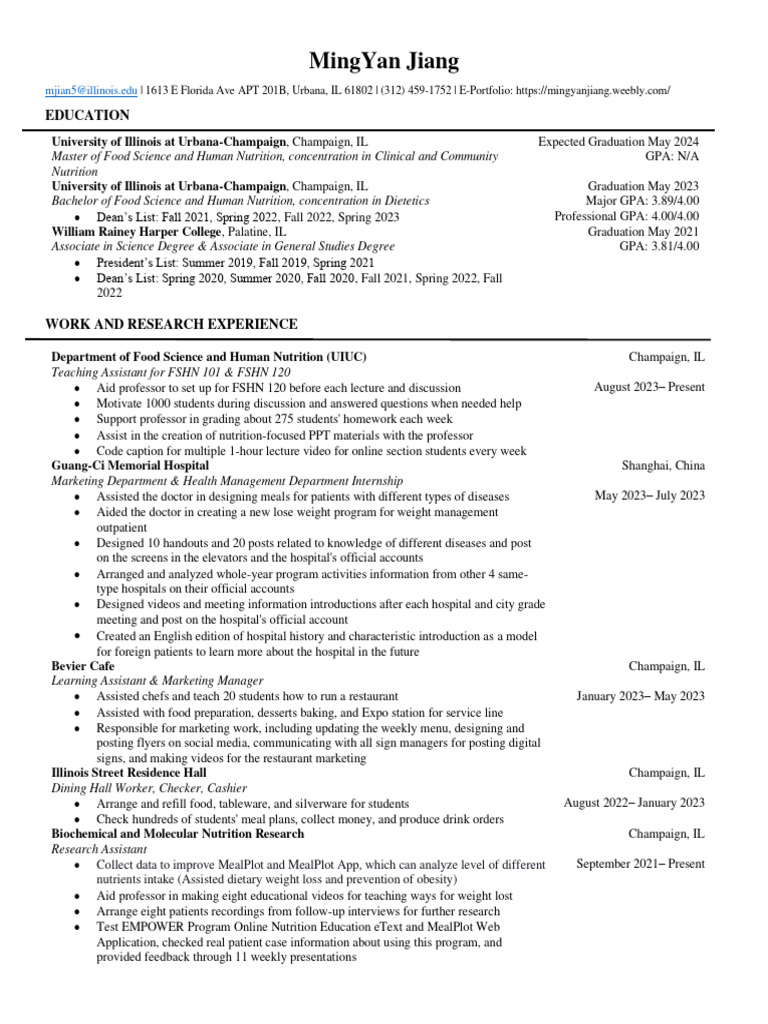 Resume Final Mingyan Jiang | PDF | Dietitian | Restaurants