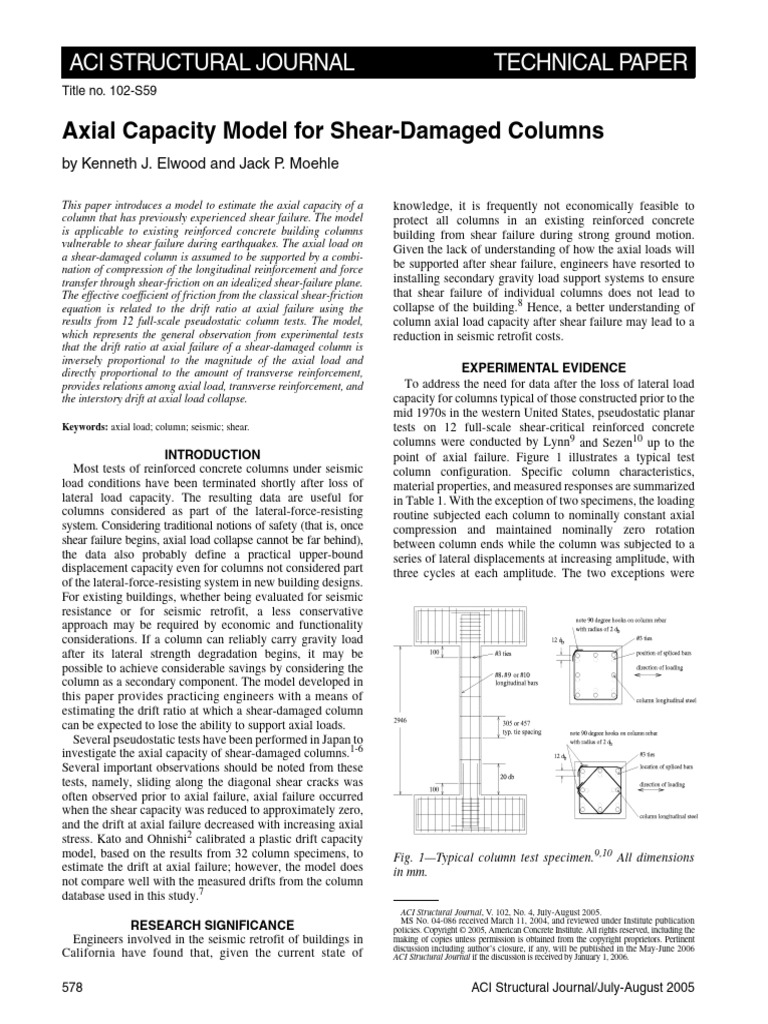 Axial Capacity Model For Shear-Damaged Columns: Aci Structural Journal Technical Paper | PDF