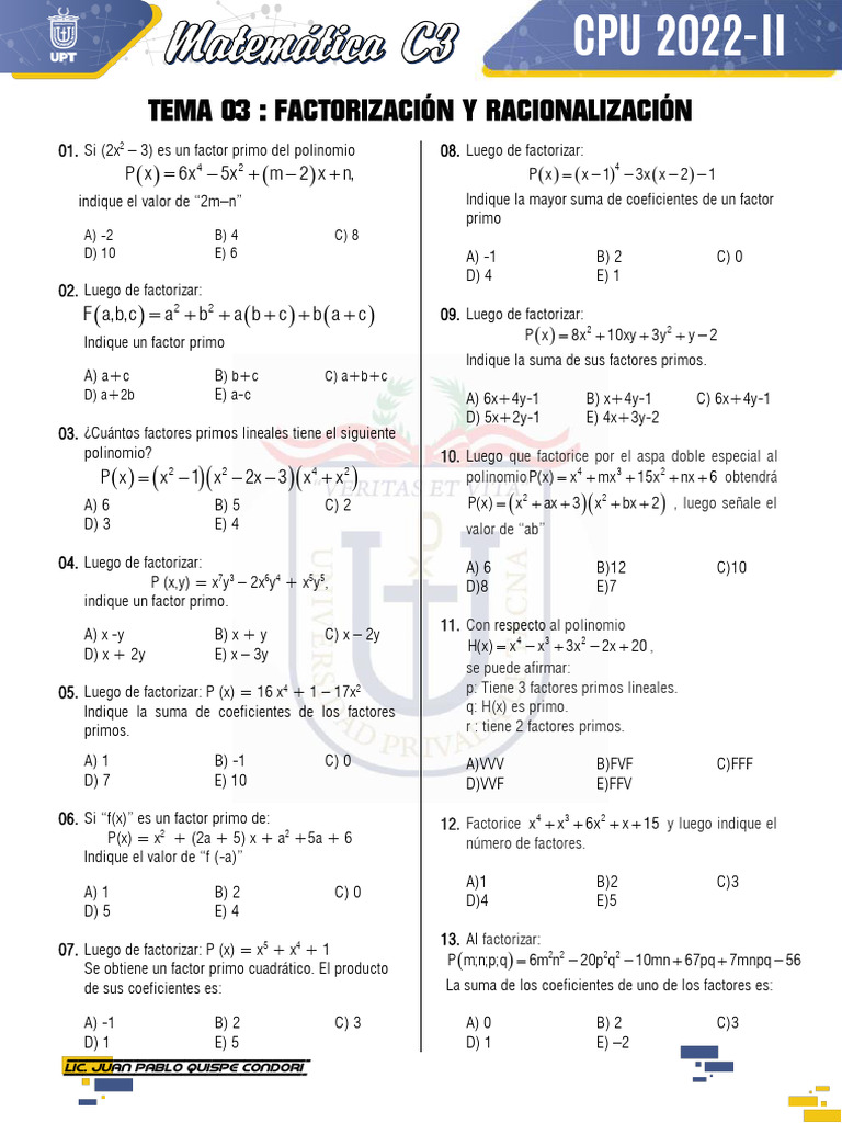 P03 - Factorizacion y Racionalizacion - Cpu-2022 - Ii | PDF | Factorización | Álgebra