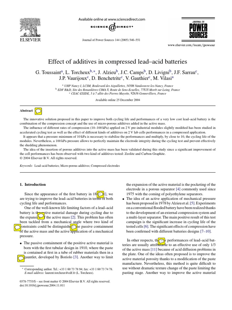 Effect of Additives in Compressed Lead Acid Batteries | PDF | Battery ...