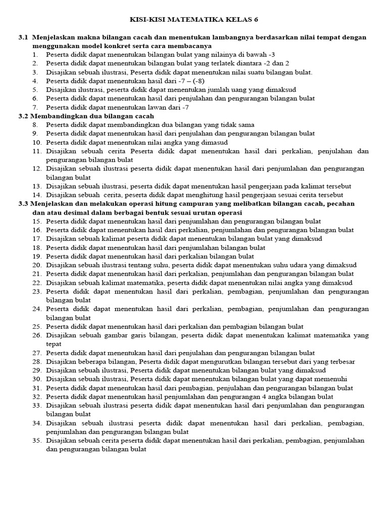 KISI-kisi MTK 6 (Siswa) | PDF
