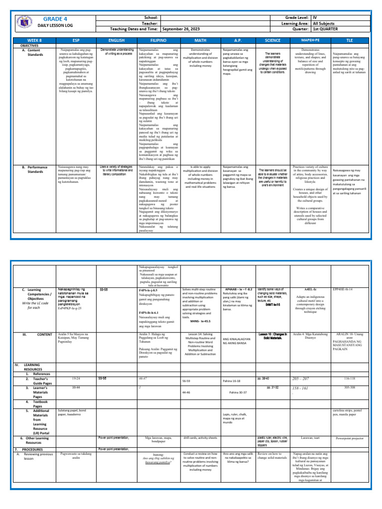 Grade 4: Week 8 ESP English Filipino Math A.P. Science TLE | PDF