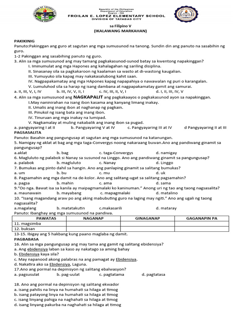 ST - Filipino 5 - Q2 | PDF