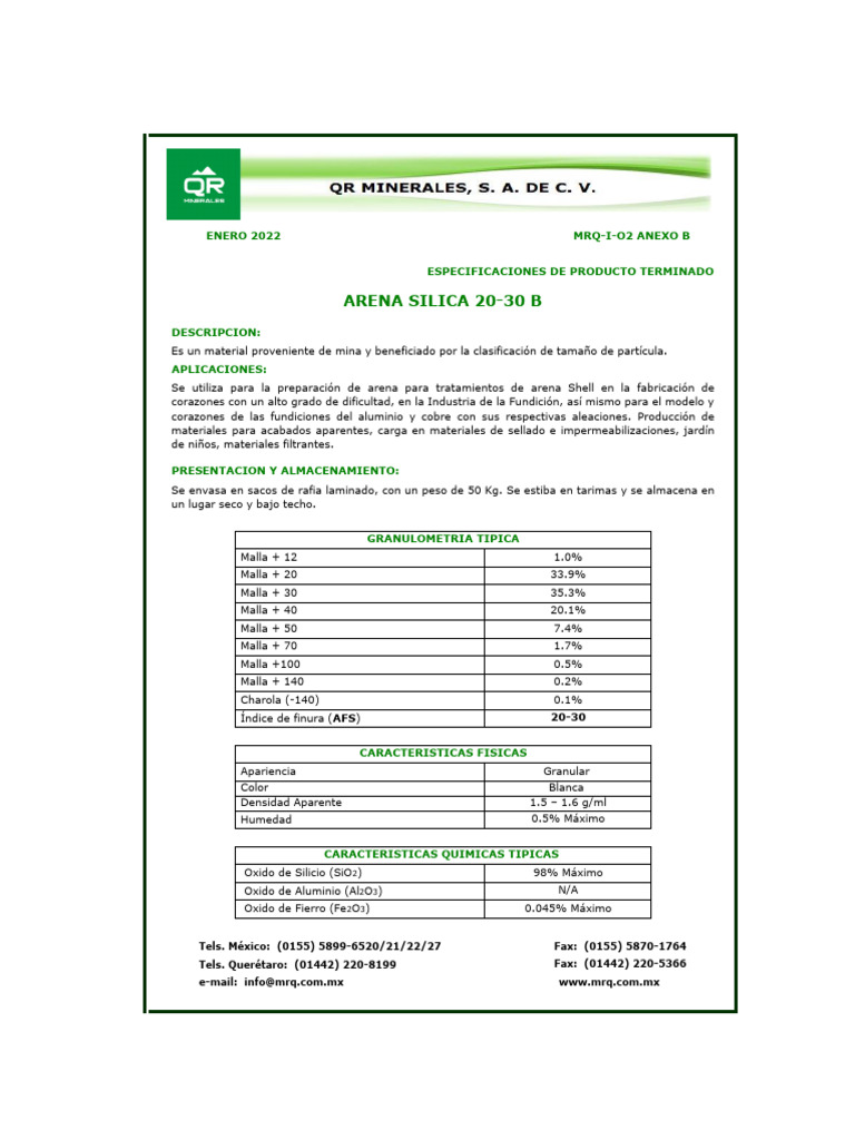 Arena Silica 20-30 B | PDF | Ciencia de los Materiales | Conjuntos de ...