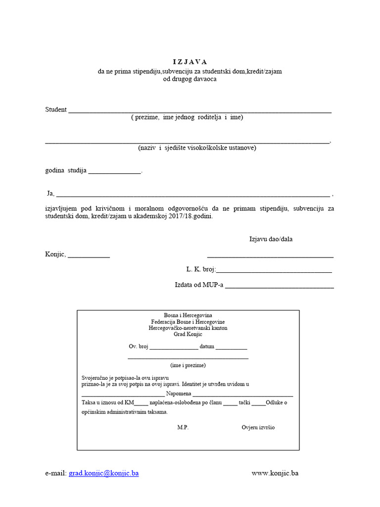 Obrazac Izjave o Neprimanju Stipendije Zajma | PDF