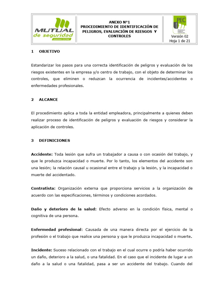 Anexo N°1 Procedimiento de IPER v2 | PDF