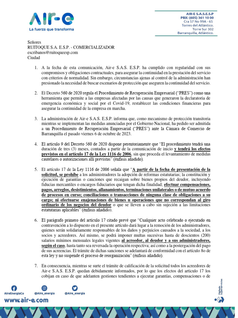 Comunicado de Air-E Sobre Riesgo de 'Apagón Financiero' | PDF