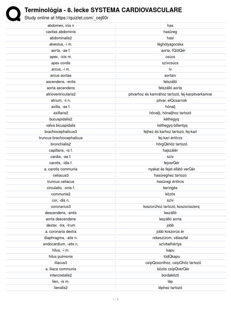 Terminológia - 8. SYTEMA CARDIOVASCULARE | PDF
