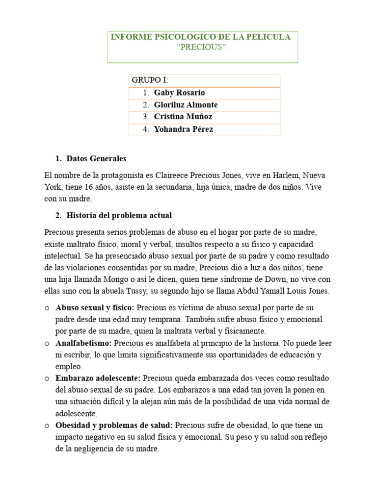 Grupo I. Informe Psicologico de La Pelicula "Precious". | PDF | Trauma ...