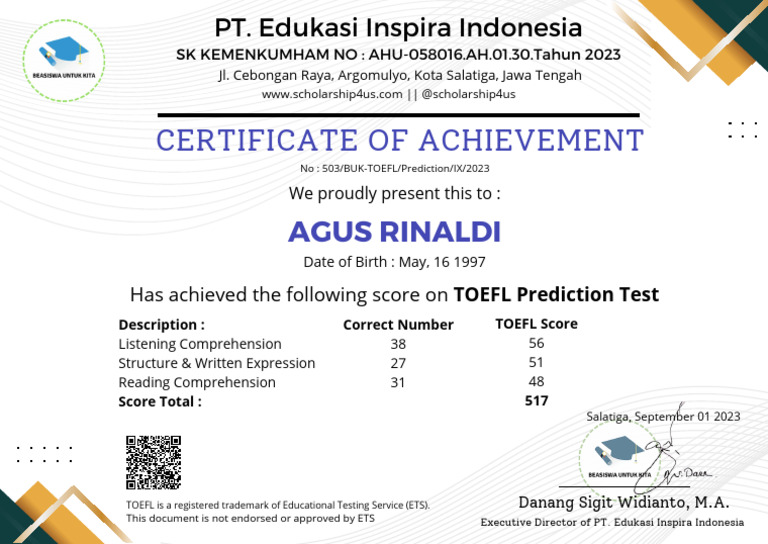 TOEFL E-Certificate - Agus Rinaldi | PDF