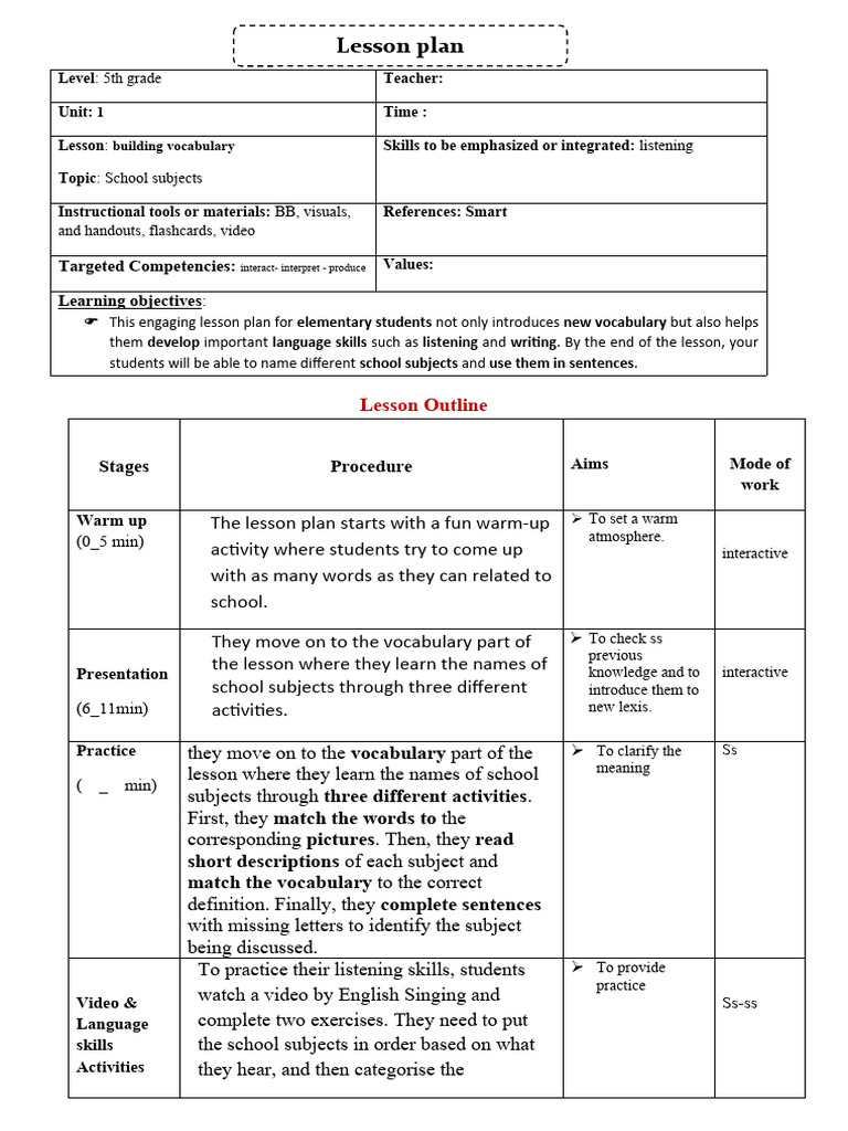 Lesson Plan School Subjects | PDF | Lesson Plan | Vocabulary
