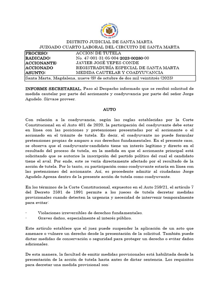2023-09-09 Auto Medida Provisional y Coadyuvancia Rad. 2023-280 | PDF