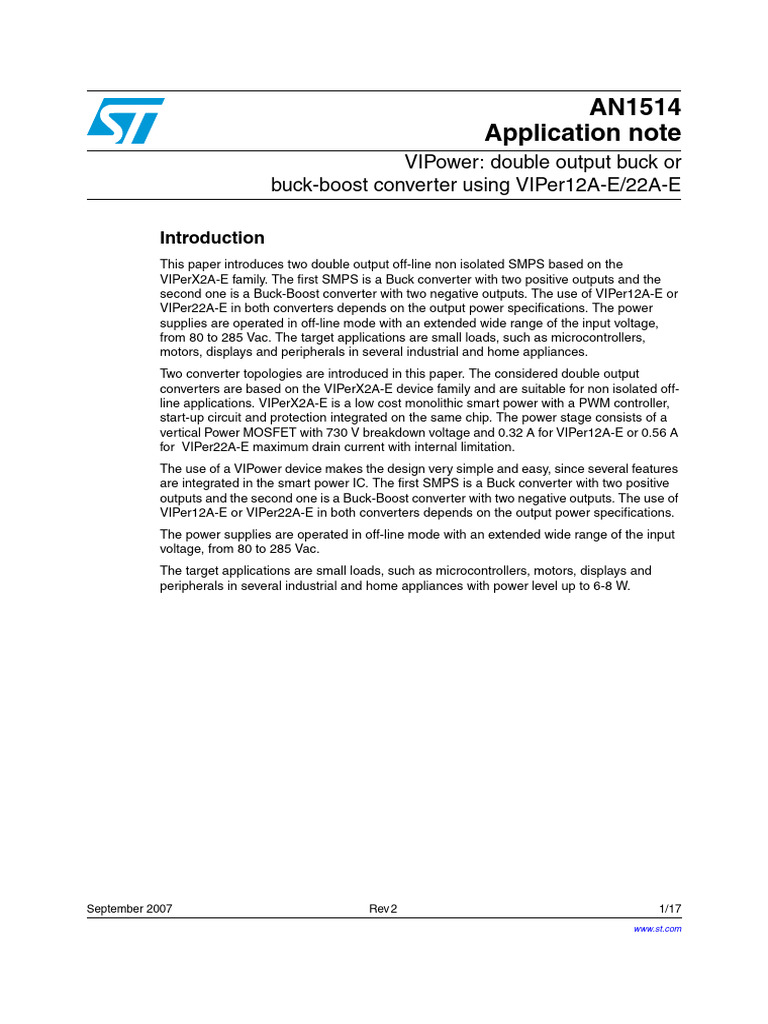 An1514 Vipower Double Output Buck or Buckboost Converter Using Viper12ae22ae Stmicroelectronics ...