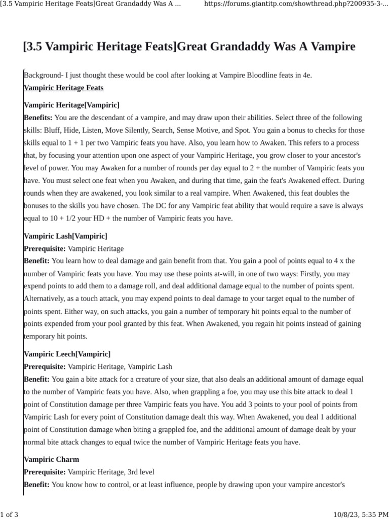 (3.5 Vampiric Heritage Feats) Great Grandaddy Was A Vampire | PDF