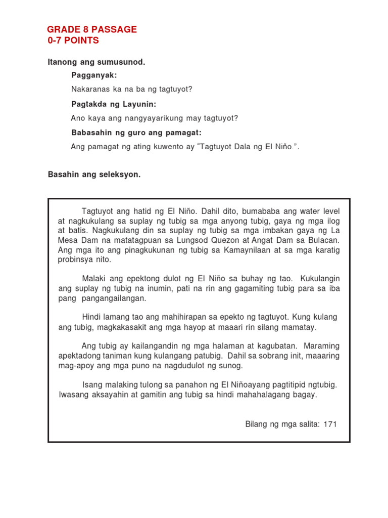 Grade 8 Passage Tagtuyot Hatid NG El Nino at Buhayin Ang Kabundukan | PDF