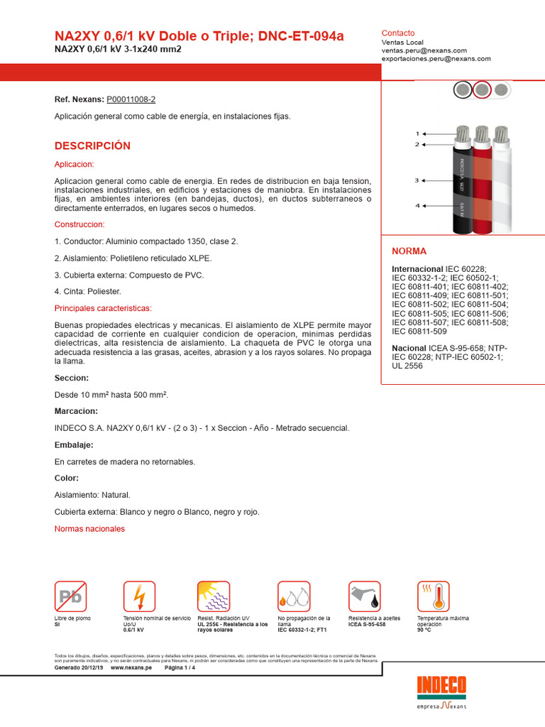 NA2XY 0 6 1 KV 3 1x240 mm2 | PDF | Aislador (Electricidad) | Resistencia Eléctrica y Conductancia