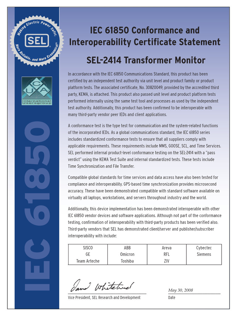 2414 IEC 61850 SEL Conformance Certs 20081125 | PDF | Interoperability ...