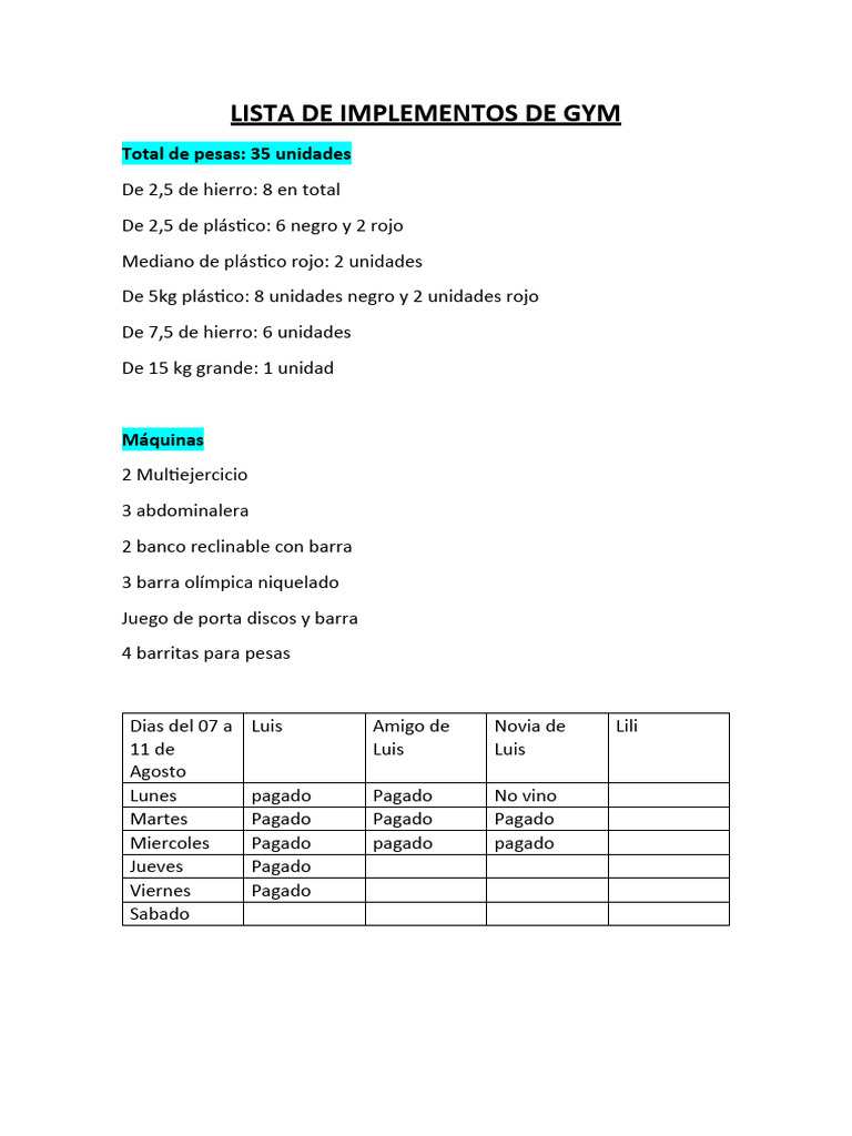 Lista de Implementos de Gym | PDF