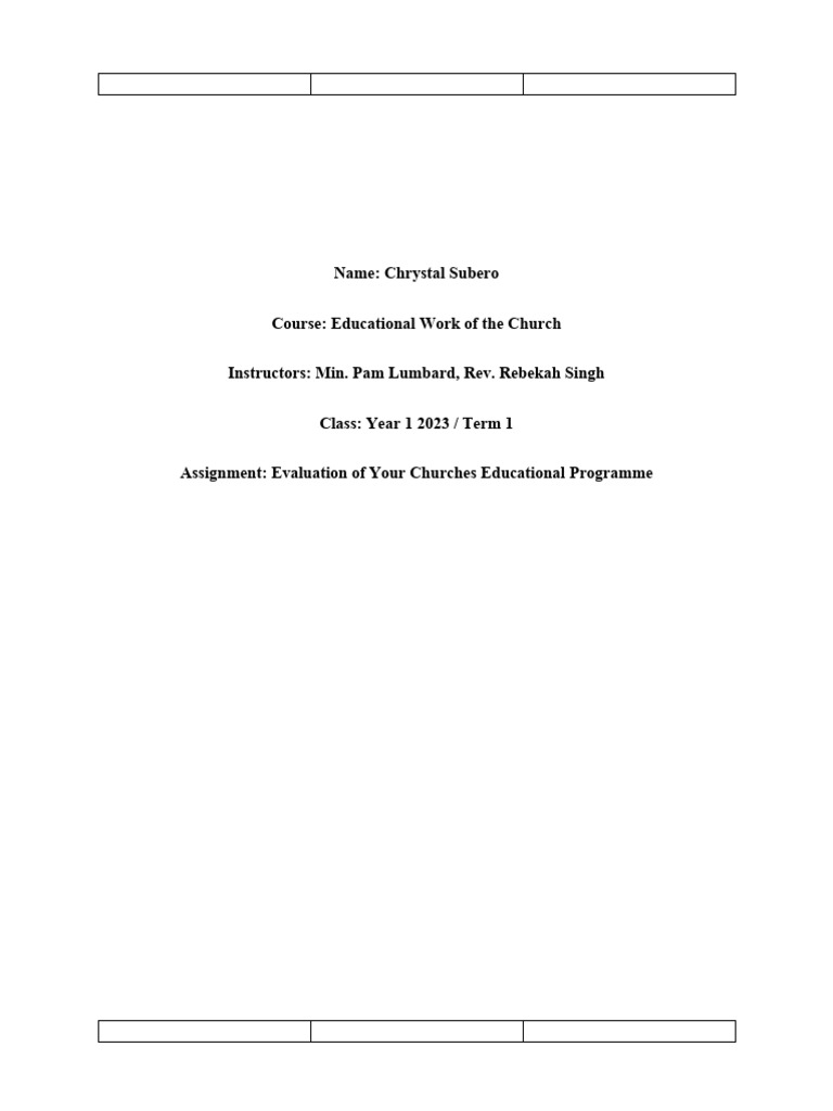 Name Chrystal Subero Educational Work of the Church Assignment (Eval ...