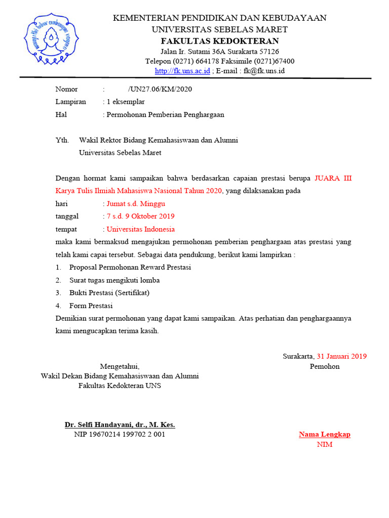 Format Surat Permohonan Reward Tertanda Dekanat | PDF