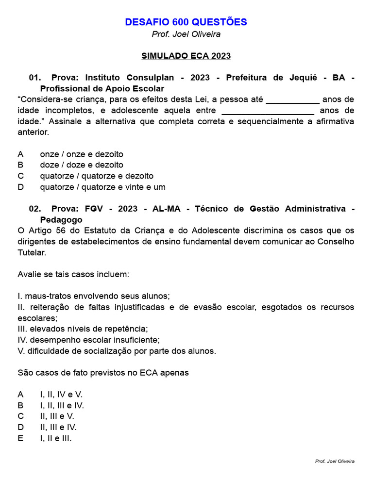 Simulado Eca 2023 | PDF | Pedagogia | Adolescência