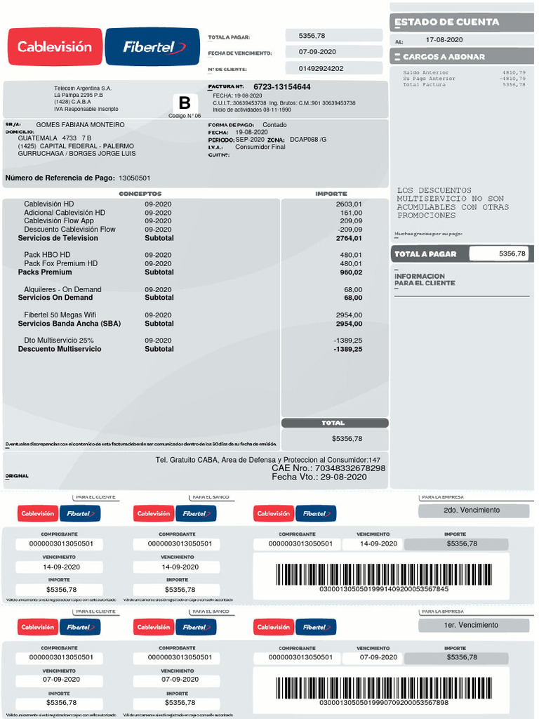 Factura Telecom Argentina: Detalle de Servicios y Descuentos | PDF
