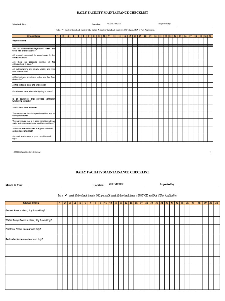 Daily Facility Maintainance Checklist | PDF | Warehouse