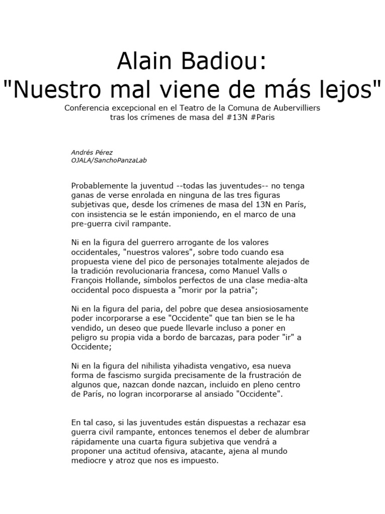 Badiou: Reflexiones tras el #13N París | PDF | Historia