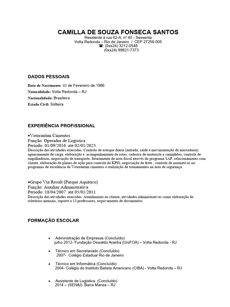 Camilla de Souza Fonseca Santos CV | PDF